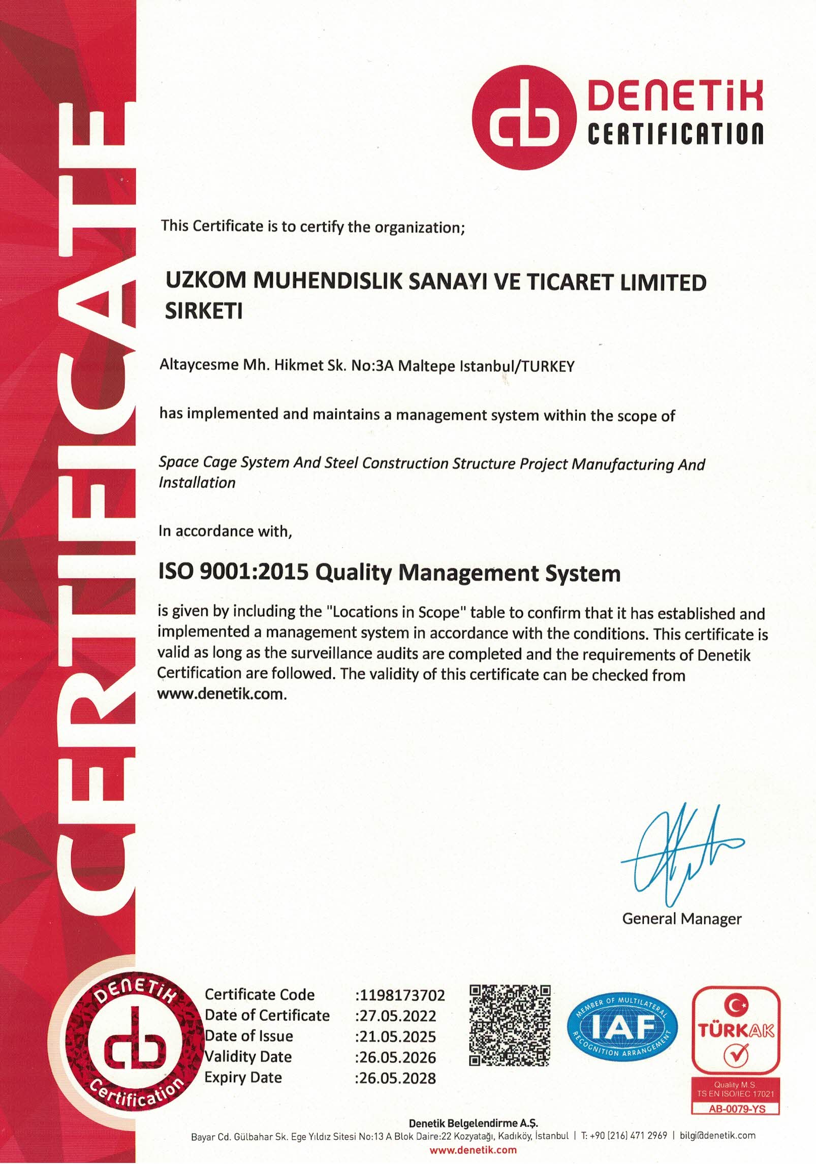 Uzkom Uzay Kafes Sistemleri | Uzkom Space Frame Systems - Certificates